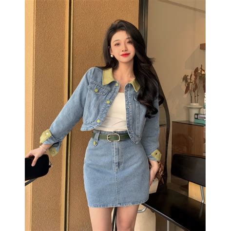 레트로 크롭 청 자켓미니 스커트 Set 유니크 배색 카라 단추 여밈 라운드 밑단 크롭 미니 숏 롱 슬리브 봄 간절기 환절기