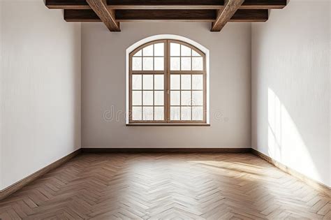 Angular Arch Window In Beige Living Room With Empty Interior Stock Angular Arch Window In Beige Living Room With Empty Interior Stock