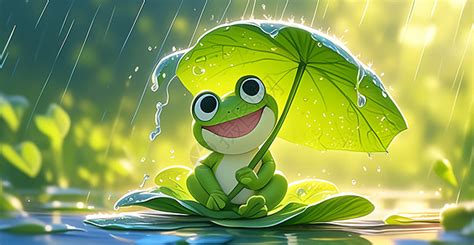 雨中坐在荷叶上撑着小叶子伞的小青蛙插画图片下载 正版图片402566721 摄图网