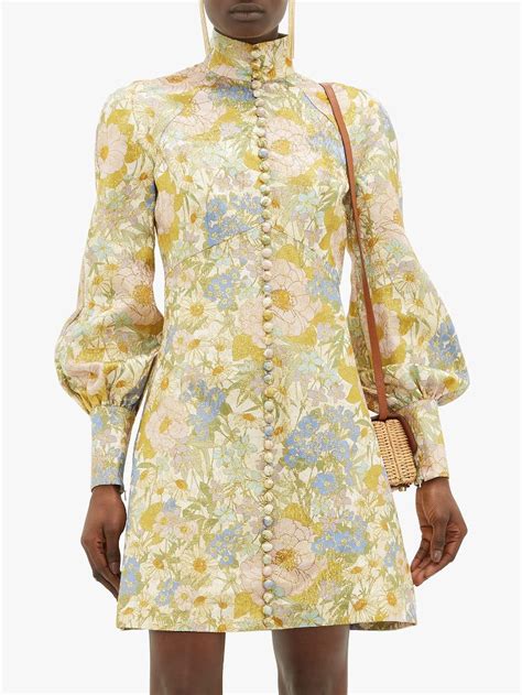 Zimmermann Super Eight Balloon Sleeve Brocade Mini Dress In Yellow