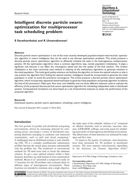 Pdf Intelligent Discrete Particle Swarm Optimization For Multiprocessor Task Scheduling Problem