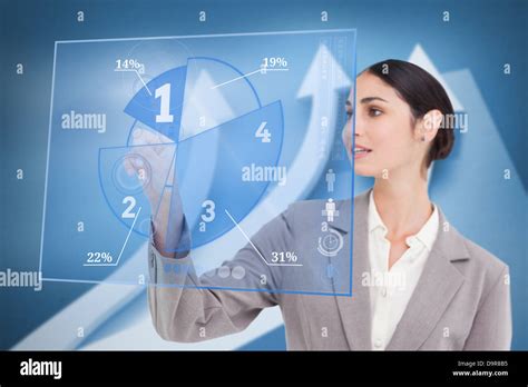 Smiling Businesswoman Using Blue Pie Chart Interface Stock Photo Alamy