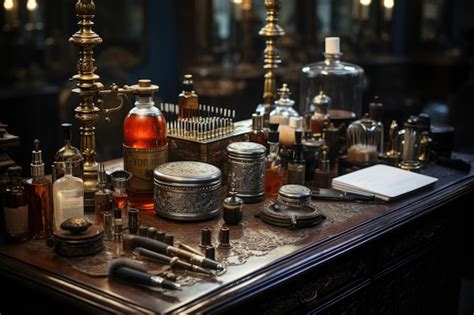 A Table With A Lot Of Items Including A Bottle Of Oil Premium Ai