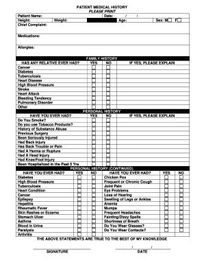 Fillable Online PATIENT MEDICAL HISTORY PLEASE PRINT Patient Name Date