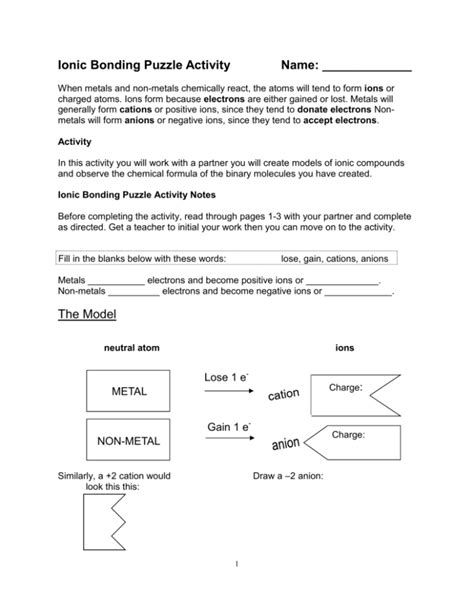 Ionic Bonding Puzzle Activity Chemistry Worksheet