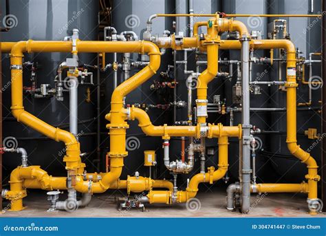 complex metal pipe routing in industrial chemical factory stock