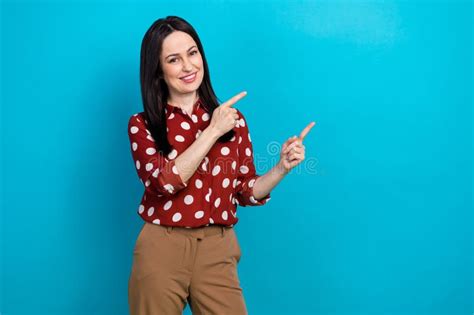 Photo Portrait Of Lovely Lady Point Empty Space Shopping Wear Trendy