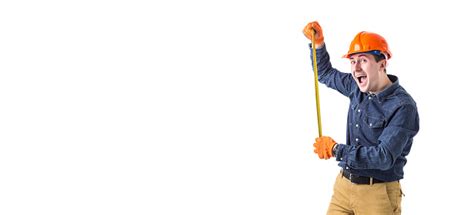 수리 공 헬멧에 흰색 배경 복사 공간에 고립 된 손에 테이프 측정 미소 건물 외관에 대한 스톡 사진 및 기타 이미지 건물 외관 건설 산업 건설업자 Istock