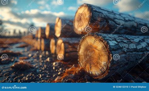 Deforestation Forest And Illegal Logging Cutting Trees Stacks Of Cut