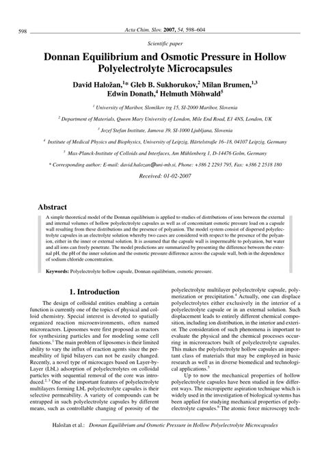 PDF Donnan Equilibrium And Osmotic Pressure In Hollow Polyelectrolyte