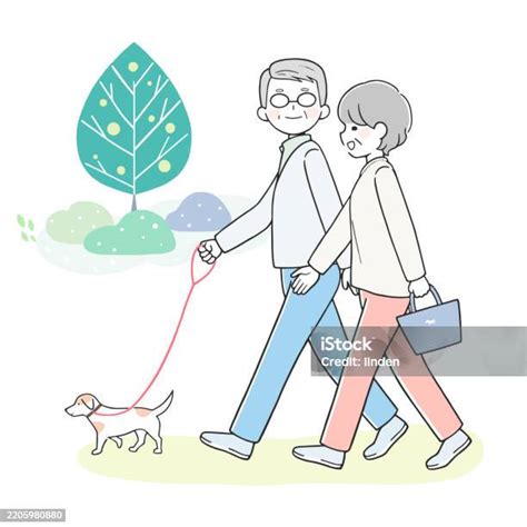 노부부는 야외에서 시간을 보냅니다 만화 행복 한 노인 남자와 여자가 개와 함께 공원에서 걷는 벡터 그림 배경에서 격리됨 2명에 대한 스톡 벡터 아트 및 기타 이미지 Istock