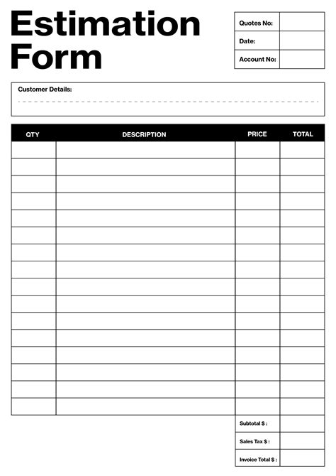 Printable Work Estimate Forms Printable Forms Free Online