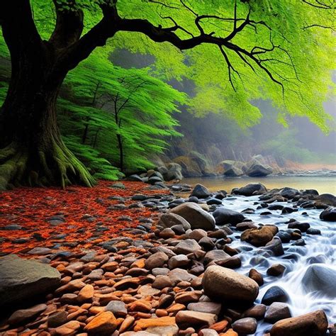Premium Photo A River With Rocks And Trees In The Foreground And A