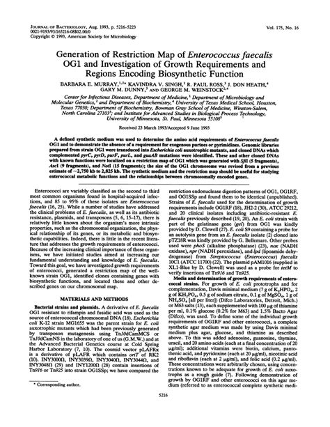 Pdf Generation Of Restriction Map Of Enterococcus Faecalis Og1 And Investigation Of Growth