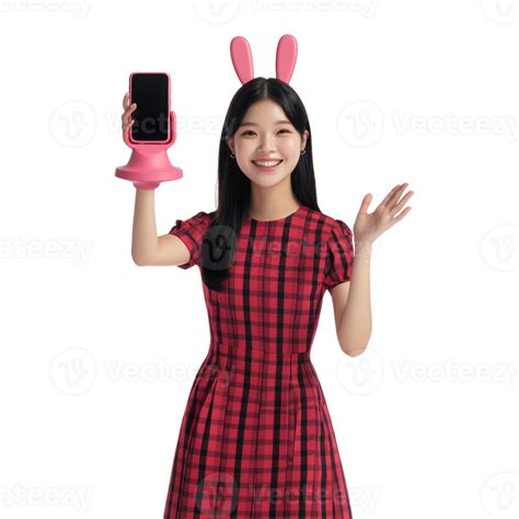 Happy Young Woman Shows Pink Phone Stand 55986101 Png