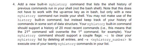 solved 4 add a new built in myhistory command that lists