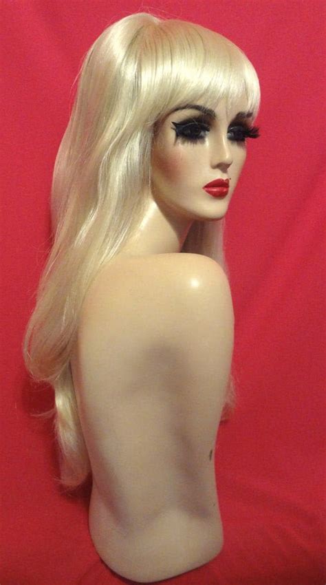 Long Beehive Wig Drag Queen Wig Platinum Blonde Wavy Fringe Bangs