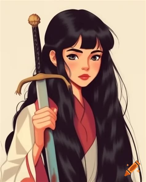 Young Woman With Long Black Hair Holding Sword In 1980s Retro Anime