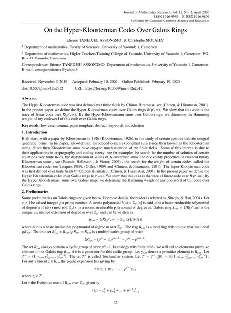 Pdf On The Hyper Kloosterman Codes Over Galois Rings