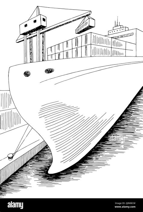 Port Loading Dry Cargo Ship Graphic Black White Sea Vertical Landscape