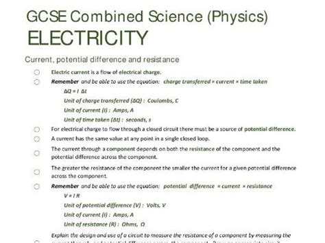 Electricity Unit Summary Checklist For Aqa Gcse Combined Science Trilogy Physics Teaching