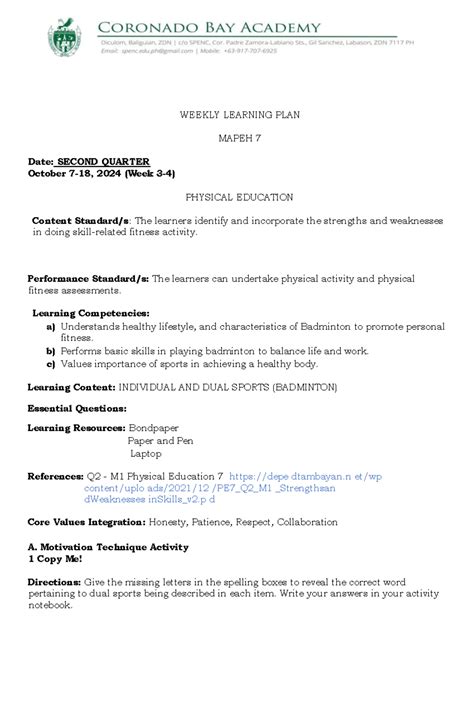 G7 Lp Q2 Week 3 4 Pe Cba Help As Guide To Teach The Learners Weekly Learning Plan Mapeh 7
