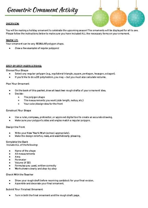 Geometry Holiday Ornament Activity Polygon Construction Area And Perimeter