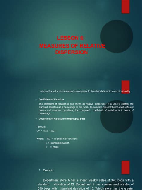 Lesson 6 Measures Of Relative Dispersion Power Point Pdf