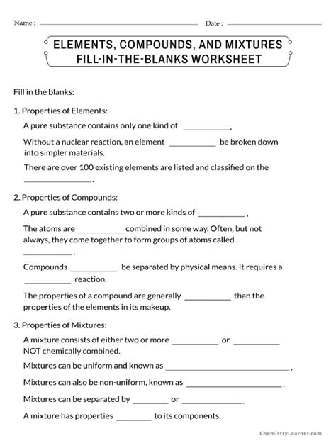 Element Compound Mixture Worksheet Pdf