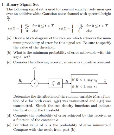 Solved Binary Signal Set The Following Signal Set Is Used Chegg Com