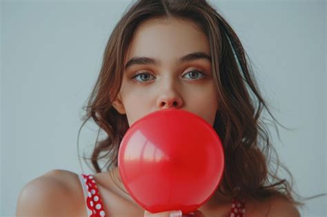 Premium Photo Beautiful Brunette Girl Blowing Red Balloon In Cherry