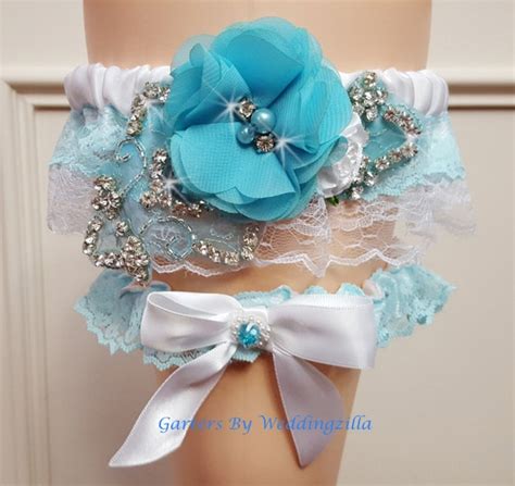 Aqua Blue Wedding Garter Set White Lace Bridal By Weddingzilla