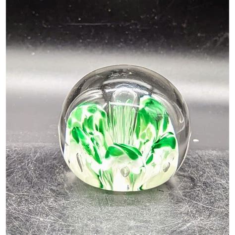 Vintage Joe Zimmerman Art Glass Paperweight Green White Flower