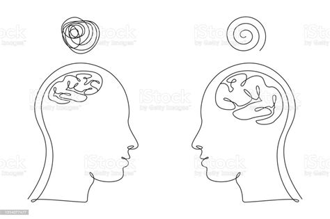 크고 작은 두뇌와 한 줄 예술 스타일의 혼란 스러운 생각을 가진 두 인간의 머리 연속 드로잉 그림 의학 전단지 배너 브로셔