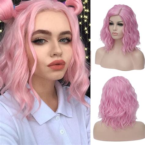 Topwigy Pink Women Cosplay Wig Medium Length Short Curly