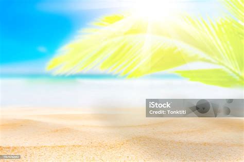 보케 태양 빛 파도 추상적 인 배경열대 해변에 아름다운 자연 녹색 야자수 잎을 흐리게 여름 휴가 및 비즈니스 여행 개념의 공간을 복사합니다 빈티지 톤 필터 효과 색상 스타일