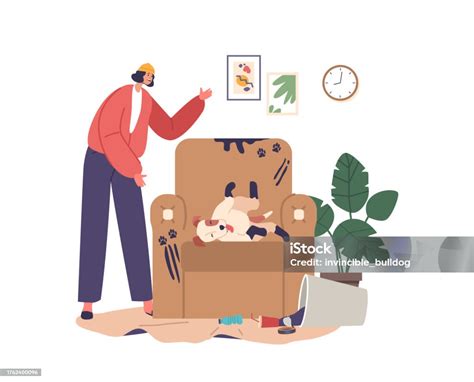 주인 캐릭터는 집에서 혼란을 일으키는 개로 충격을 받았습니다 재미 있은 강아지 소파에 누워 와 더러운 발 벡터 일러스트 가구에
