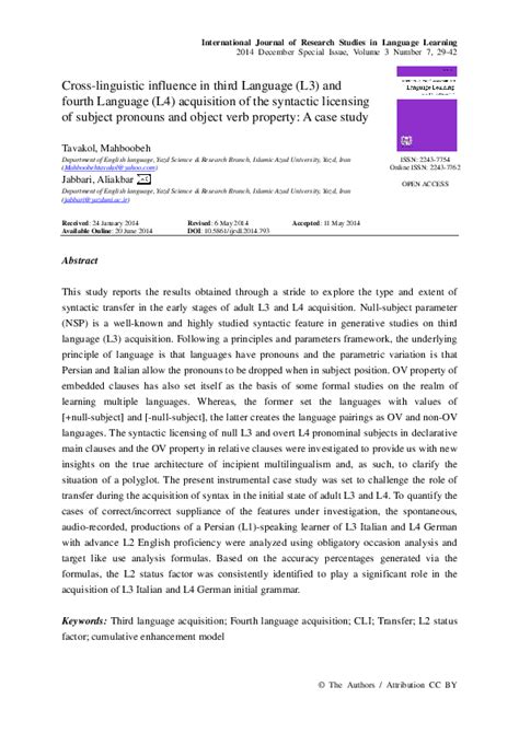 Pdf Cross Linguistic Influence In Third Language L3 And Fourth