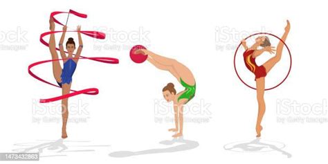 공과 리본으로 예술 체조 스포츠 균형 유연성은 손에 서고 후프의 민첩성 리듬 체조 텀블링 곡예 에어로빅의 움직임 고립 된 아이콘 벡터 일러스트 레이 션 경쟁에 대한 스톡
