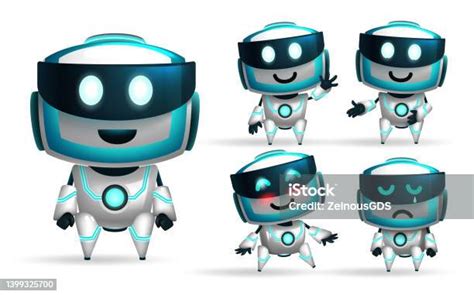 로봇 문자 벡터 세트 행복하고 친근한 얼굴로 서있는 로봇 3d 캐릭터는 어린이 기술 현대 로봇 컬렉션 디자인을위한 흰색 배경으로 격리되어 있습니다 3차원 형태에 대한 스톡