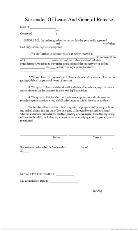 Printable Surrender Release Template Sample Forms Throughout Surrender