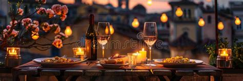 Served Dinner Table On Roof Terrace Evening Food With Wine Romantic
