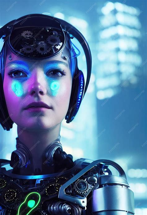 사이버 소송에서 공상 과학 네온 사이버 펑크 소녀의 현실적인 초상화 하이테크 미래 지향적인 남자 프리미엄 사진