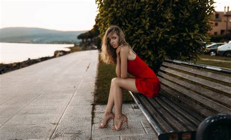 Wallpaper Bench Red Dress Brunette Blue Eyes High Heels Sitting Women Outdoors Blonde