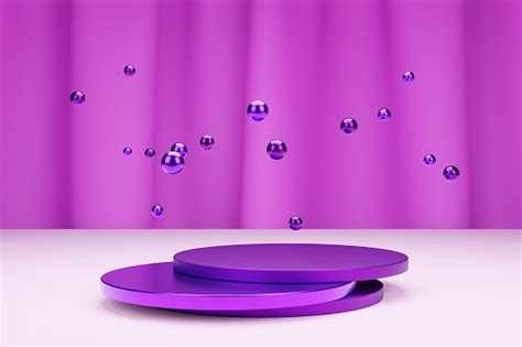 밝은 네온 색상의 3d 모델링 장면 간단한 기하학적 3d 요소와 빈 연단 모형 제품 프리젠 테이션 및 배경에 섬유 커튼금속 거품라운드 받침대 0명에 대한 스톡 사진 및 기타