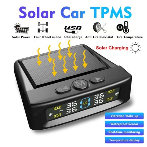 Solar TPMS Car Tire Pressure Alarm Digital Colorful Display 4 External Sensors Waterproof Tire