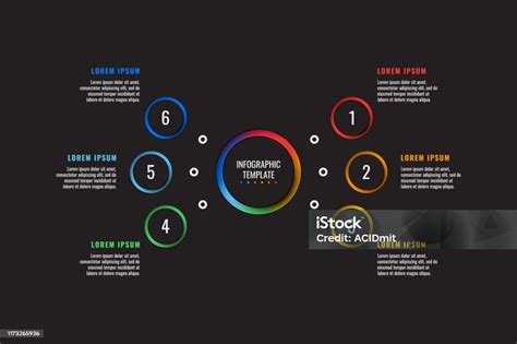 검은 색 배경에 둥근 종이 잘라낸 요소가있는 6 단계 인포 그래픽 템플릿 비즈니스 프로세스 다이어그램 회사 프리젠 테이션 슬라이드 템플릿 현대 벡터 정보 그래픽 레이아웃