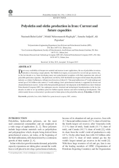 Pdf Polyolefin And Olefin Production In Iran Current And Future Capacities