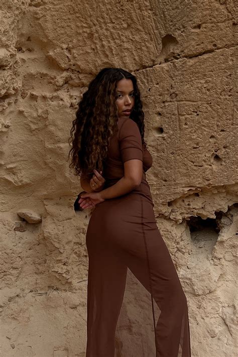 Deep Neckdrop Mesh Dress Brown Na