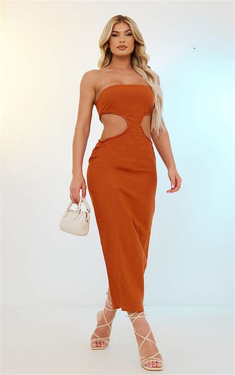 Rust Linen Bandeau Side Cut Out Maxi Dress Dresses Prettylittlething